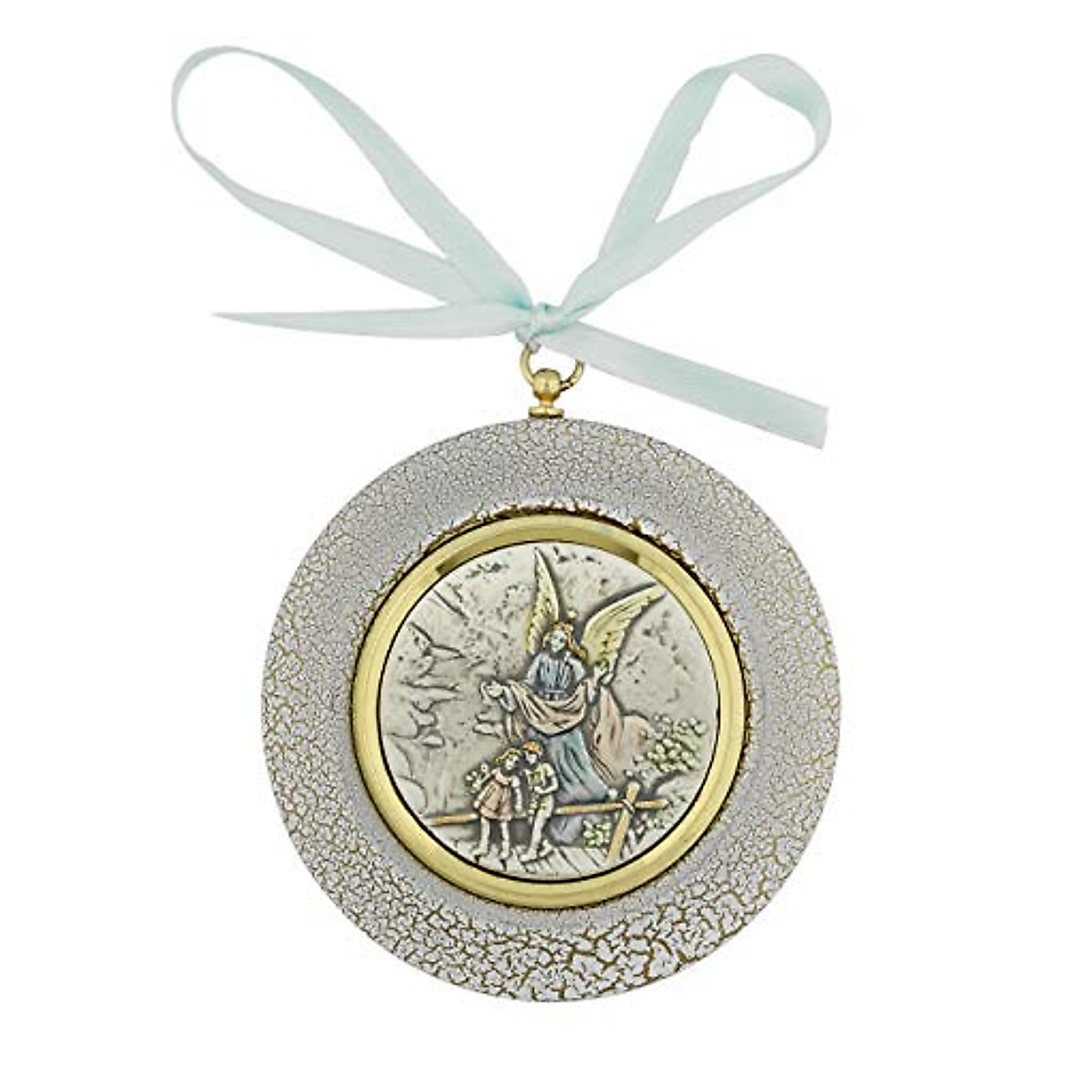 Guardian Angel Crib Medal | Great Gift for Baptism or First Communion | Wall Decor for Nursery or Child's Room | Beautiful Framed Metal Image of Angel Protecting Two Children | Made in Italy (Blue)