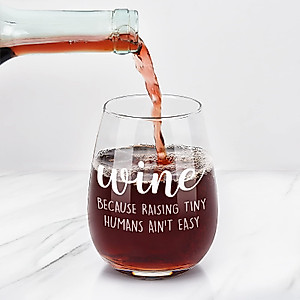 DAZLUTE Raising Tiny Humans Ain’t Easy Stemless Wine Glass, Mother’s Day Father’s Day Christmas Birthday Gag Gifts for Dad Mom New Parents Women Men from Kids Wife Husband, Funny 15Oz Wine Glass