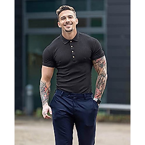 Muscle Polo Shirts for Men Short Sleeve Slim Fit Golf Shirts for Men Casual Dry Fit T Shirts Ribbed Knit Bowling Shirts Black Large