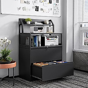 Rophefx File Cabinet with Shelves, 2 Drawers Lateral File Cabinet, Printer Stand with Open Storage Shelf, Metal File Cabinet with Lock, Black