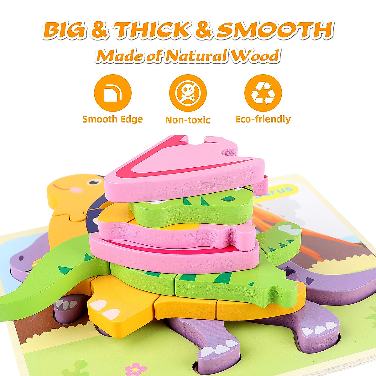 6 Pieces Set of Wooden Dinosaur Puzzles for Children 1-5 Years Old, Wooden Puzzles for Montessori Learning for Toddlers, Preschool Educational Toys, 3D Dinosaur Puzzles for Boys and Girls Gift