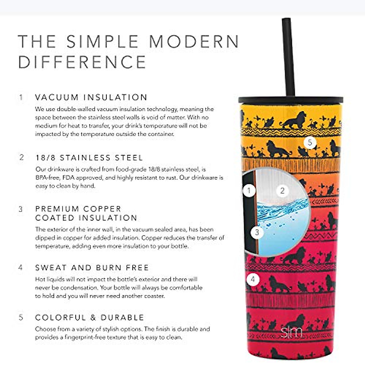 Simple Modern Disney Lion King Insulated Tumbler Cup with Flip Lid and Straw Lid | Gifts for Women Men Reusable Stainless Steel Water Bottle Travel Mug | Classic Collection | 24oz Lion King