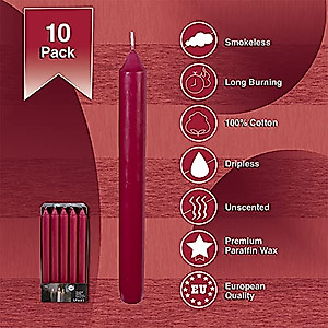 10 Pack Straight Unscented Red Candles - 9.5 Inch Tall Candle Sticks - Dripless Long Burning Candles for Dinner Table, Weddings, Home Decoration, Holidays - 8 Hour Burn Time