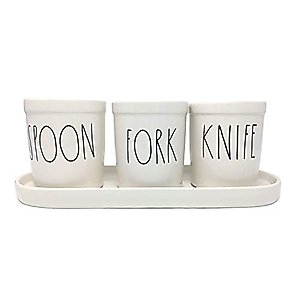 Rae Dunn by Magenta SPOON FORK KNIFE pot set with tray. Large letters!