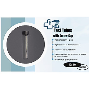 HDA Glass Test Tubes 13x100mm Soda Lime Glass, with Screw Cap, Round Bottom, 100 Pieces