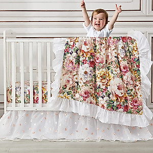 Brandream Crib Bedding Sets for Girls | 3-Piece Cotton Nursery Baby Bedding Set | Shimmering Floral Comforter, Crib Sheet, Embroidered Flowers Tulle Lace Crib Bed Skirt, Blush Pink