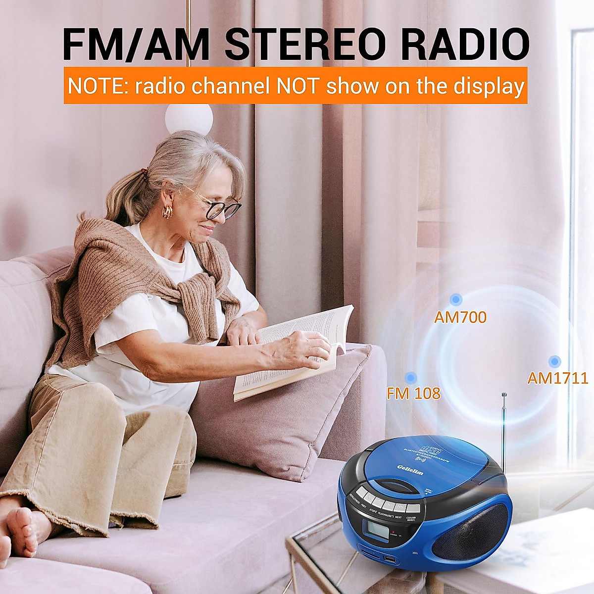 Gelielim Boombox CD Player, CD Players for Home with Bluetooth, AM FM Radio, Portable CD Boombox Support USB, SD, MMC Drive, LCD Display, Headphone Jack, AC/DC Powered, Gifts Idea for Elder-Blue