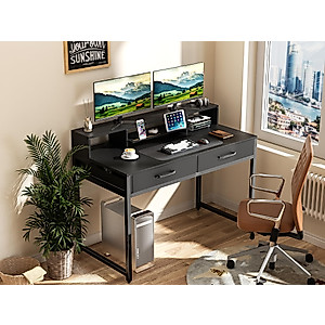 VEELOK Computer Desk with Drawers, 47" Home Office Desk with Monitor Shelf, Writing Desk with Storage, Gaming Desk Work Desk Study Desk for Bedroom, Black