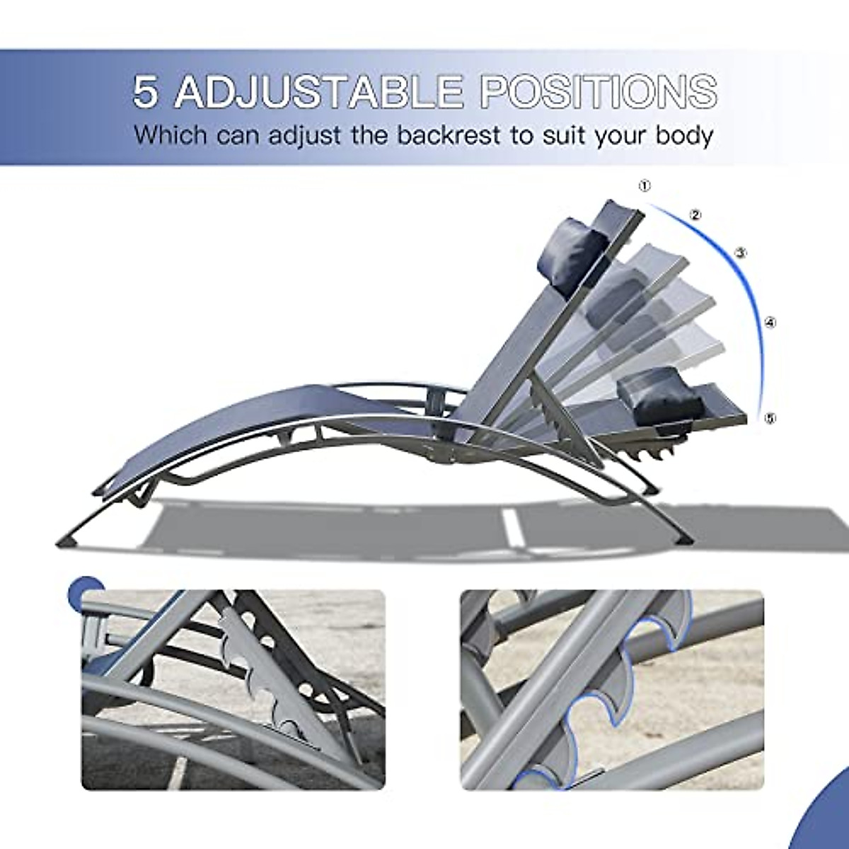 Domi Outdoor Chaise Lounge Set of 3,Patio Lounge Chair with Side Table, Adjustable Garden Aluminum Reclining Chair for Pool Beach Sunbathing Chair (Blue)