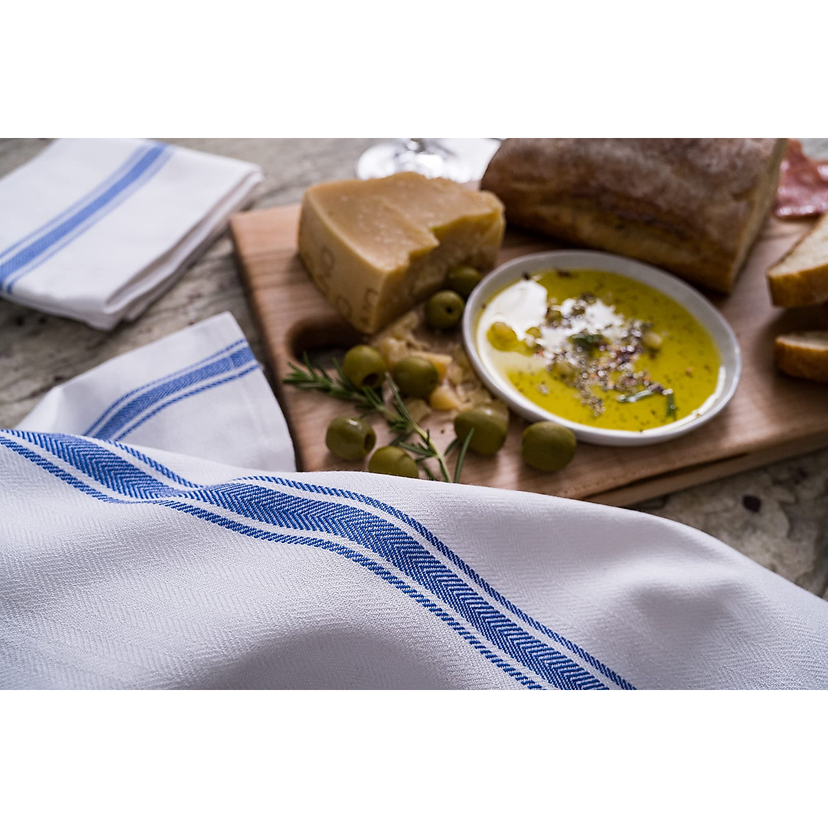 NITRAA Kitchen Towels with Herringbone Weave and Center Stripe - 100% Organic Ring Spun Cotton - Reusable Dish Towels - Highly Absorbent and Lint Free - OEKO-TEX Certified -15”x 26” - Set of 12 (Blue)