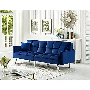 Legend Vansen 80'' Velvet Love seat Convertible Futon Two Pillows, Sleeper Couch with 3 Adjustable Backrests Sofa Bed, Large Sleeping Area Sofabed, Blue
