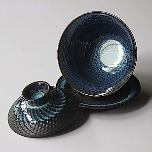 HonHeam Kiln Glazed Ceramic Gaiwan, Kungfu Porcelain Teacup, Chinese Retro Teacup, Sancai Gaiwan with Saucer with Lid