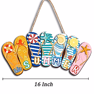 Flip Flops Hello Summer Sign 16" Pool Beach Signs Decor Outdoor Slippers Shaped Porch Front Door Hanging Wall Sign Decorations Welcome Accents for Bathroom Bar Home Yard Garden