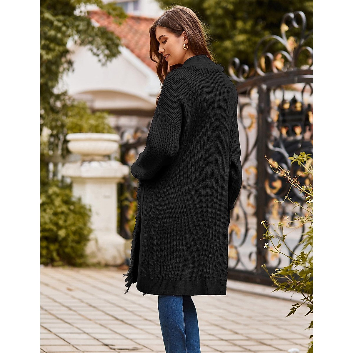 Women's Open Front Knit Cardigans Lapel Long Lantern Sleeve Chunky Knit Sweater Coat Cozy Slouchy Cardigan with Pockets(Black,XL)