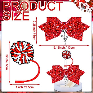RimCereal 36 Pcs Cheerleading Tumbler Accessories, 12 Pcs 10 mm Straw Cover Straw Toppers, 12 Glitter Bows and 12 Cheerleaders Pendants Charms for Tumblers decor Cheerleading Gifts (Red)