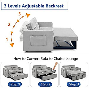 Polibi 54.5'' Modern Convertible Sleeper Sofa Bed with Two Arm Pockets, Fabric Sofa w/Pull-Out Bed Loveseat Sofa Couch and Adjustable Back for Living Room (Grey)