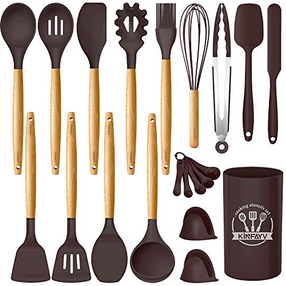 Kinfayv Silicone Cooking Utensils Kitchen Utensil Set, 21 PCS Wooden Handle Nontoxic BPA Free Silicone Spoon Spatula Turner Tongs Kitchen Gadgets Utensil Set for Nonstick Cookware with Holder (Coffee)