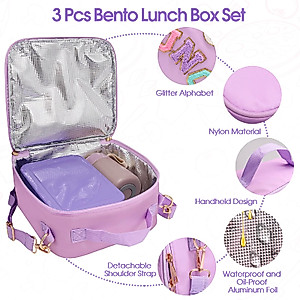 Preppy Lunch Box for Girls with 10oz Thermo, with 6 Compartment Bento Box, Purple Nylon Insulated Lunch Bag Adjustable Strap for Girl Kids Teens School Travel Picnic