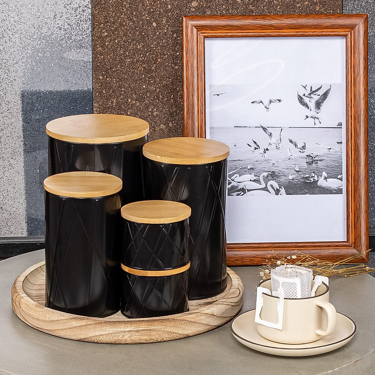 FavorFlavor Black Canister Sets for Kitchen Counter, Kitchen Canisters Set of 6, Flour and Sugar Containers, Coffee and Tea Storage, Modern Farmhouse Kitchen Decor