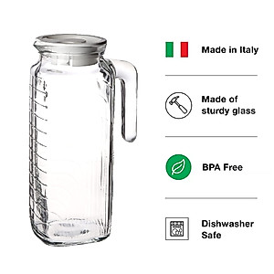 Bormioli Rocco Gelo Set of 2 Glass pitchers, 33.75 Jug with Lid, Carafe for Homemade Juice, Iced Tea, Milk, Cold Brew Coffee, Lemonade, dishwasher safe made in italy (White and Red)