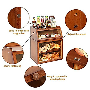 X-cosrack Large Double Separable Bamboo Bread Box Storage with Clear Window and Adjustable Compartment for Kitchen Countertop,Red