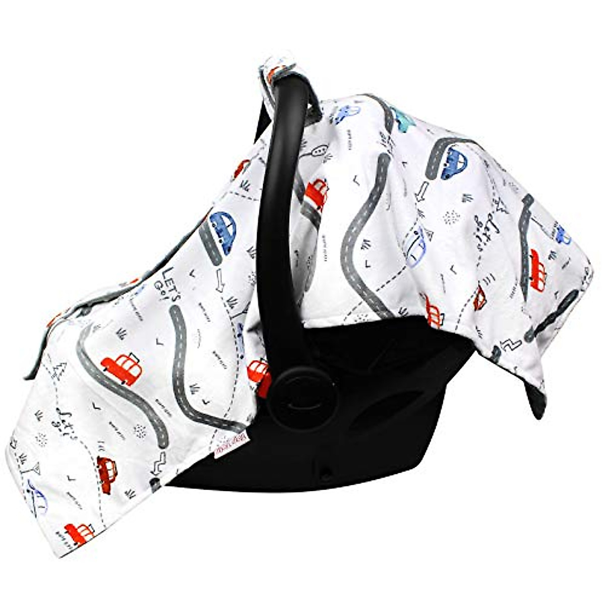 Baby Car Seat Canopy Cover - Road Trip with Grey Minky Dot