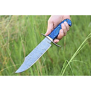 TIGEROUS 13'' Hunting Bowie Knife, Full Tang Fixed Blade, Wood Handle Damascus Steel Knife with Scout Horizontal Carry Leather Sheath for Camping, Hiking, Survival (Blue Pakka Wood)