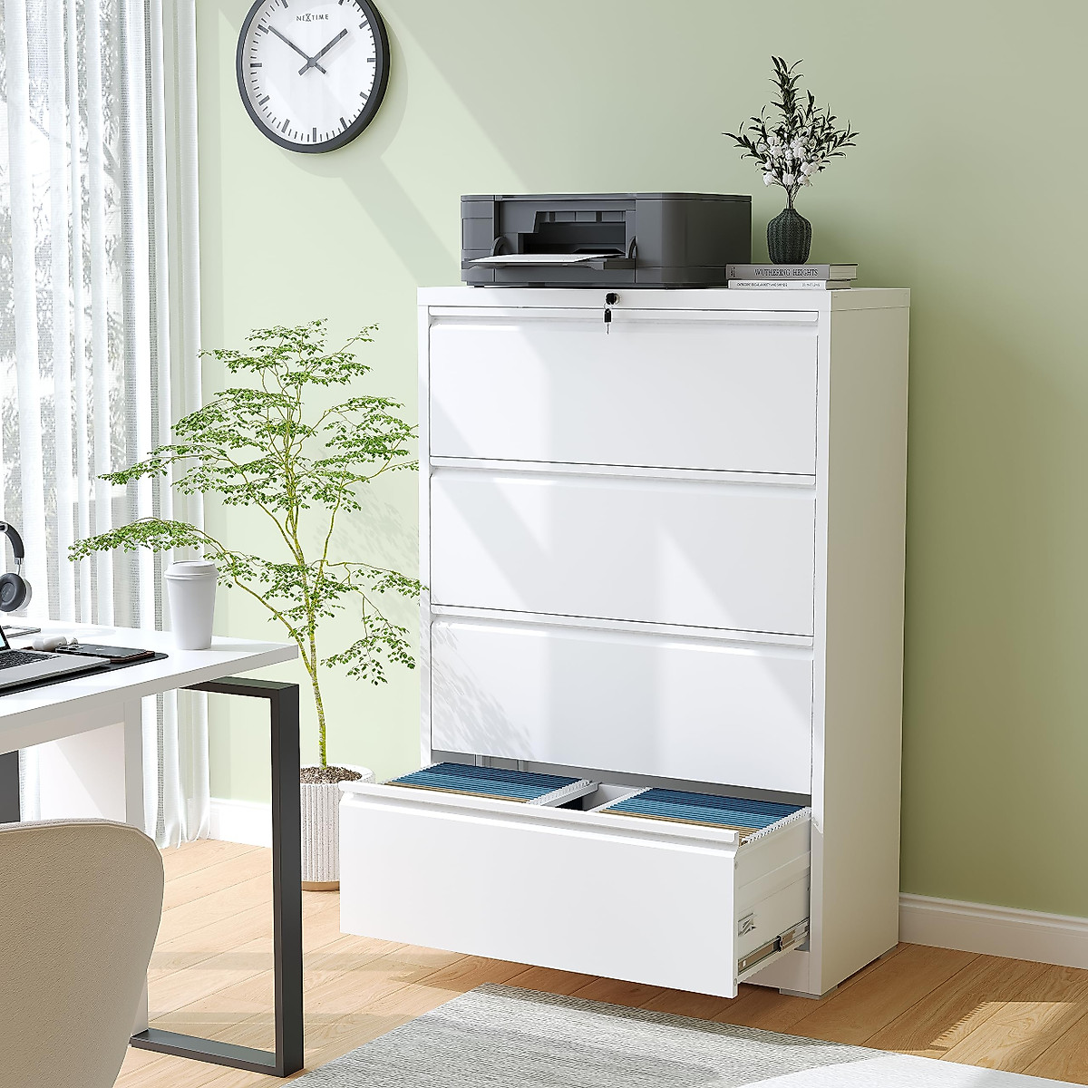 BIZOEIRON 4 Drawer Lateral File Cabinet with Lock, Metal Filing Cabinets for Home Office, Steel Storage Wide File Cabinet for Letter/Legal/F4/A4 Size with Hanging Bars, Assembly Required (White)