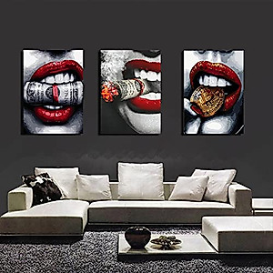 Red Lips Series: 【Luxury】-Spray Painting Core Modern Fashion Sexy Red Lips Nordic Style Room Decoration Painting Sofa Background HD Wall Painting Set of 3（11.8"X15.75")【No Fram