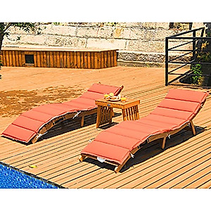 Tangkula 3 Pcs Folding Patio Solid Eucalyptus Wood Lounge Chair Set, Outdoor Lounger Chair w/Foldable Side Table, Double-Sided Cushion Lounger Chairs Set for Garden Lawn Backyard(Red & White)