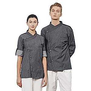 BE THE CHEF Asian Fit Performance 2 Colors Striped Crossover Collar Chef Coat Jacket with Cool Mesh Panels (Black, Medium)