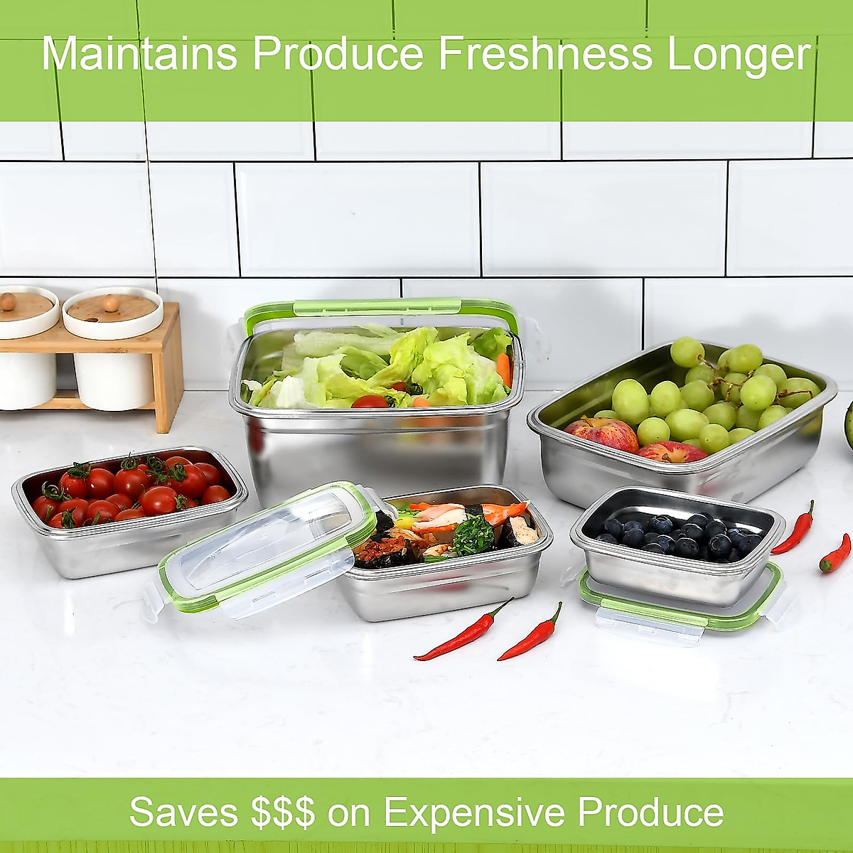 UPTRUST Stainless Stainless Steel Food Storage Containers | Leak Proof & Airtight Lids | Set of 5 Containers BPA Free that are Dishwasher & Freezer Safe, Green