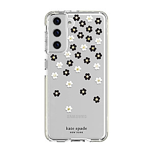 kate spade new york Defensive Hardshell Case Compatible with Samsung Galaxy S21 5G - Scattered Flowers Black/White/Gold Gems/Clear/White Bumper