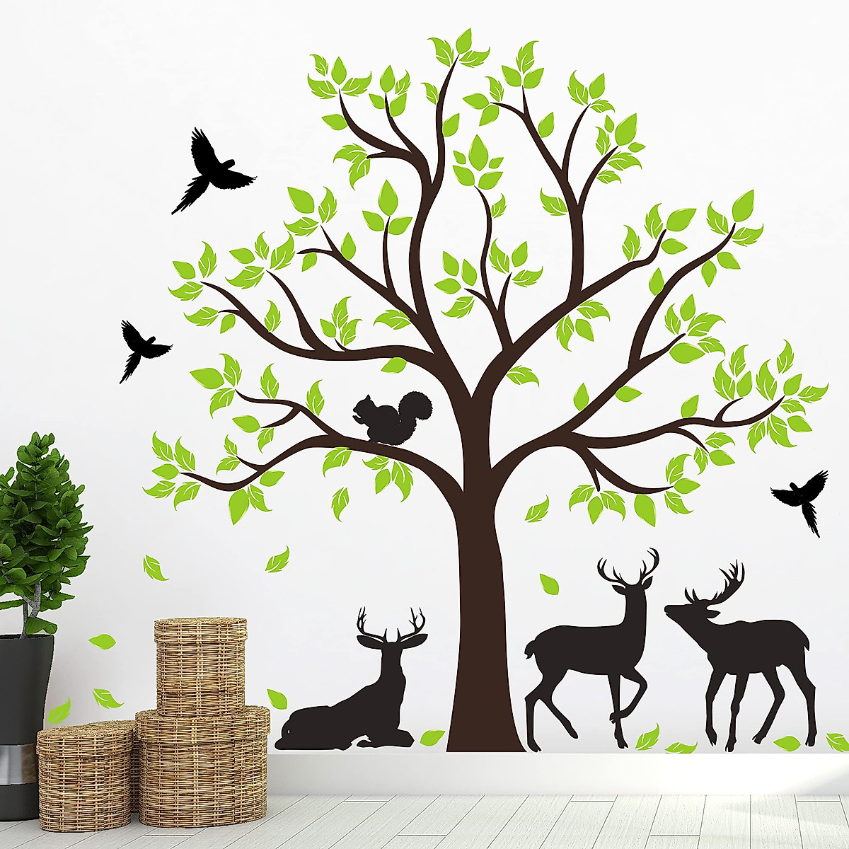 61"x56" Big Green Tree Wall Decals Elk Wall Sticker Leaves Wall Decal DIY Removable Giant Plants Animals Wall Stickers for Baby Kids Girls Bedroom Living Room Nursery Office Sofa Background Home Decor