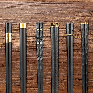 6 Pairs Chopsticks Reusable Fiberglass Chopsticks Dishwasher Safe, 9.6 inch/24.3cm Japanese Chinese Chop Sticks Gift Set (Black&Golden)