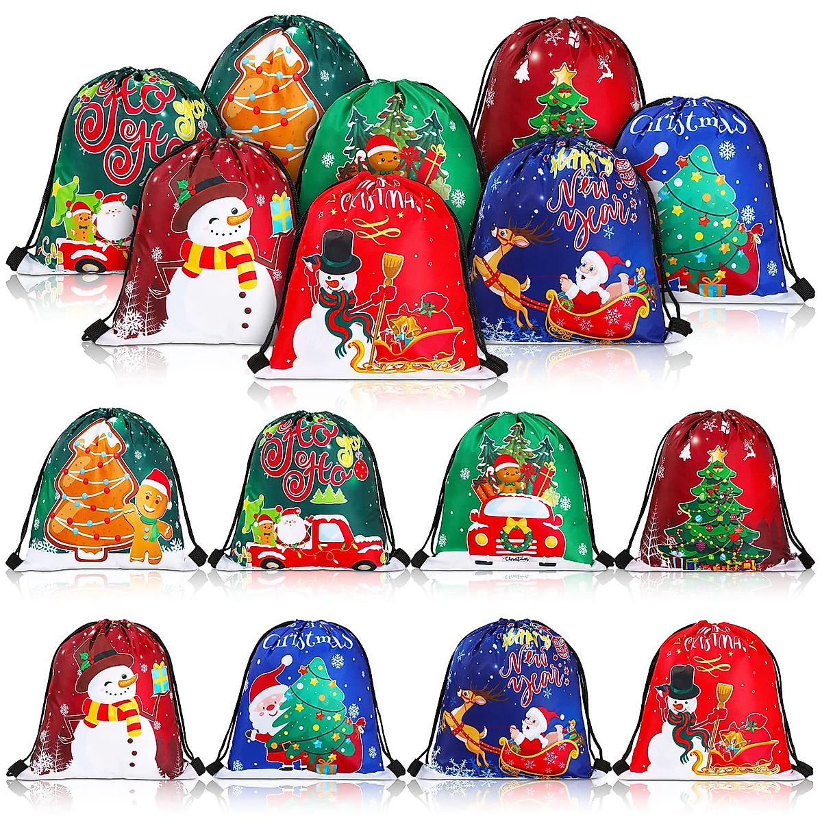 Mixweer 24 Pcs Christmas Drawstring Gift Bags Bulk Xmas Kid Snowman Goodies Snack Treat Presents Wrapping Reusable Children Birthday Party Sport Supplies 12 x 10 Inch (Vivid Style)