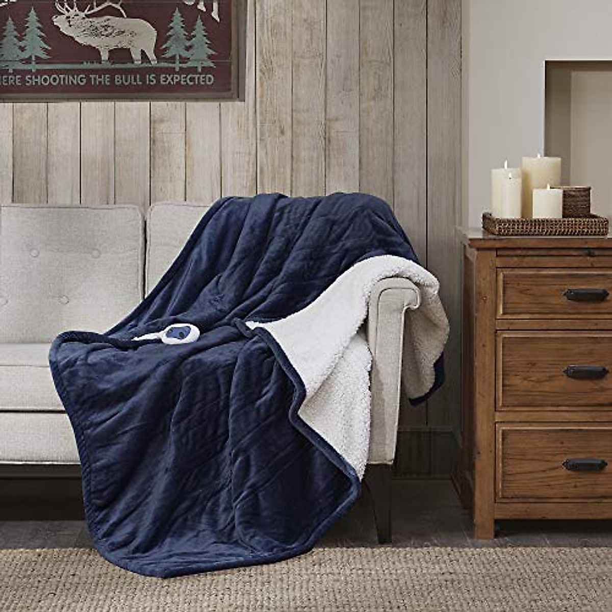 Woolrich Heated Plush to Berber Electric Blanket Throw Ultra Soft Knitted , Super Warm and Snuggly Cozy with Auto Shut Off and Multi Heat Level Setting Controllers, Throw: 60x70", Indigo