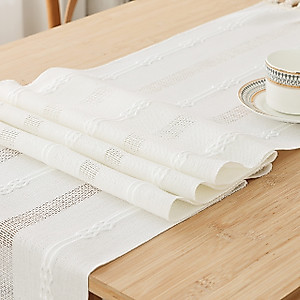 Rustic Linen Table Runner Farmhouse Striped Embroidered Boho 48 Inches Long Table Runners Hollow Handmade Woven Tassel for Kitchen Dining Holiday Wedding Party Home Decor ( White, 14" W X 48" L)