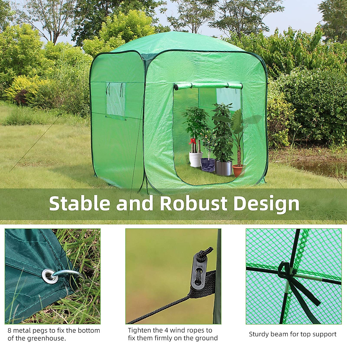Upgraded Pop-Up Plant Greenhouse for Outdoors with Roll-up Zipper Entry Doors and Windows, Durable PE Cover, Walk-in and Portable Fast Set-up Green House with Ground Pegs & Ropes for Stability