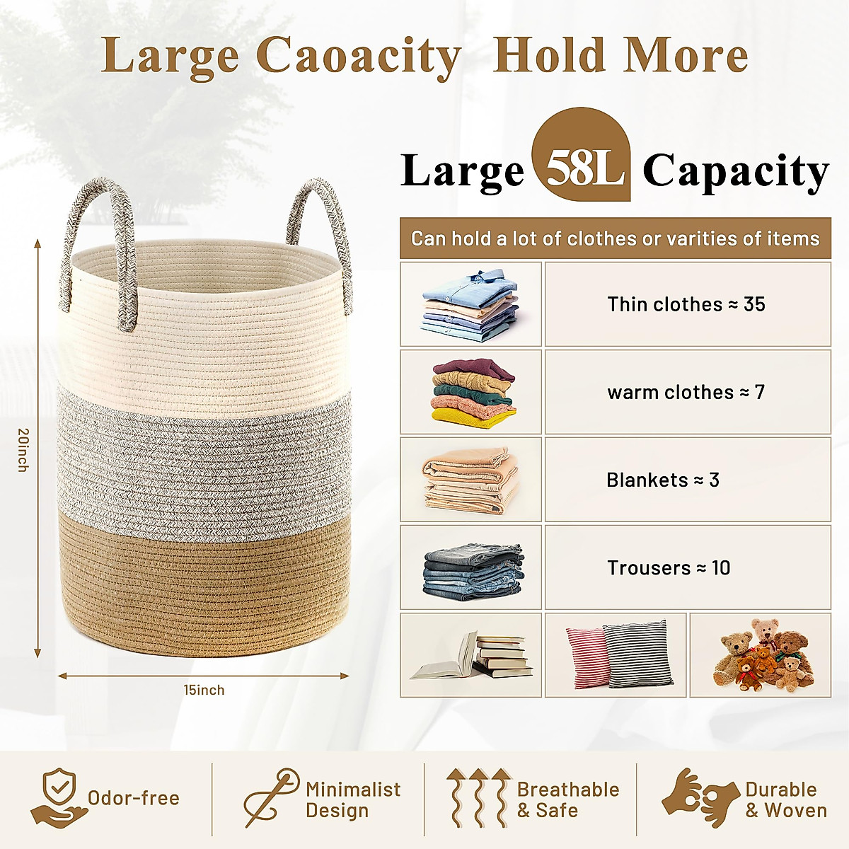 Jolitac 58L Large Woven Laundry Hamper, Laundry Basket with laundry Bag Blanket Basket Tall Wicker Laundry Baskets for Clothes Pillows Towels Shoes in Living room Bedroom, 15" x 20"