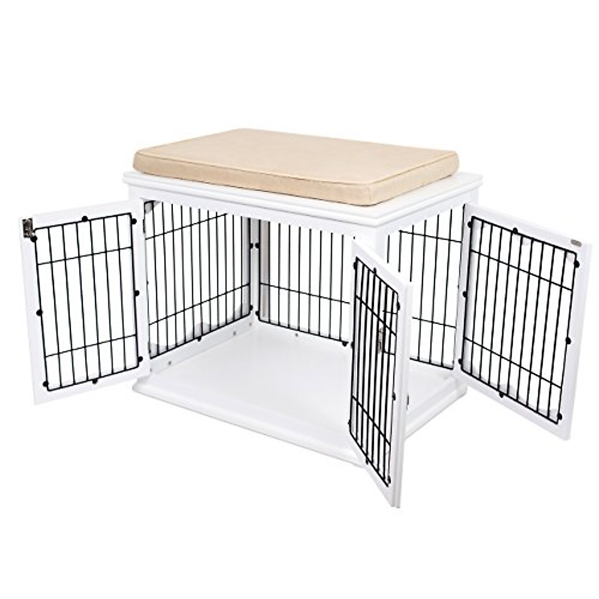 BIRDROCK HOME Decorative Dog Kennel with Pet Bed for Small Dogs - White - Double Door - Wooden Wire Dog House - Indoor Pet Dog Crate Side Table - Bed Nightstand