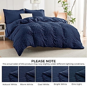 HYMOKEGE Navy Blue Full Size Comforter Sets Seersucker 7 Pieces, All Season Luxury Bed in a Bag for Bedroom, Bedding Set with Comforters, Sheets, Pillowcases & Shams
