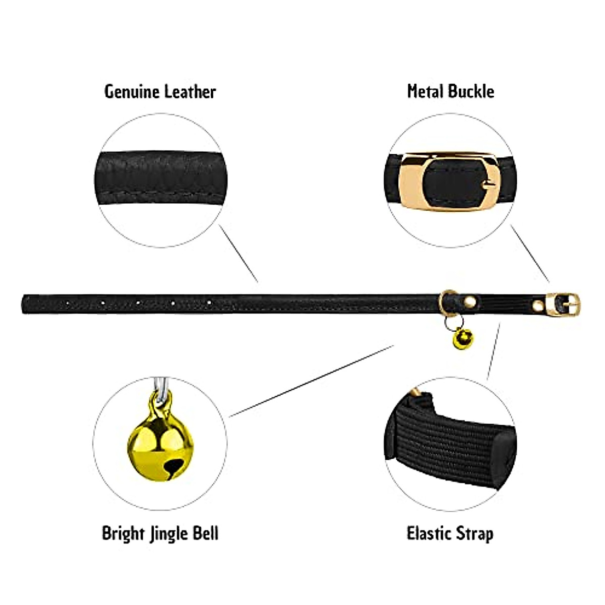 Murom Rolled Leather Cat Collar with Elastic Strap Safety Adjustable Pet Collars for Cats Kitten Yellow Red Pink Blue Orange Brown Gray (Black)