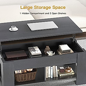 NOBLEWELL Coffee Table Lift Top with Storage Compartment and Separated Open Shelves, Pop Up Coffee Table for Living Room, 39.4in L, Black