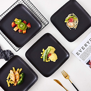 Bruntmor 8" Ceramic Appetizer Plates | Serving Platter | Set of 4, Square Black Simple Modern Ceramic Salad/Dessert Plates | Christmas Dinner Plates Set | Christmas Dinnerware or Thanksgiving
