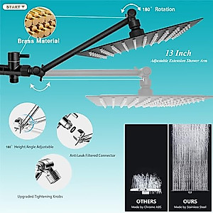 AWAXFOLO 12'' High Pressure Square Shower Head with 6-Function Adjustable Spray Handheld, 13'' Extension Arm, 78'' Hose, Water Temperature Reminder, Matte Black