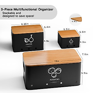 Surmol Potato and Onion Storage Bin,Kitchen Vegetable Storage Tins for Potato Onion & Garlic, Metal 3 Pack Kitchen Organizers and Storage With Aerating Holes and Wooden Lid (Black), 41545