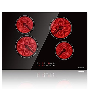 thermomate 4 Burners Electric Cooktop, 30 Inch Built in Electric Radiant Stove Top, 6000W Ceramic Glass Cooktop with Sensor Touch Control, 9 Heating Level, Chlid Lock & Timer, 220-240V Hard Wire