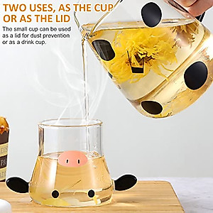Cabilock Bedside Carafe Glass Water Pitcher Cute Cow Water Carafe with Glass Cup for Nightstand 550ml Glass Pitcher with Lid for Juice Tea Milk