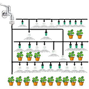 Garden Micro Spray Irrigation System,80 FT/25 M Mist Irrigation Kits with 1/4" Distribution Hose Adjustable Nozzle Emitters,Automatic Patio Misting Sprinkler Plant Watering System Barbed Fittings